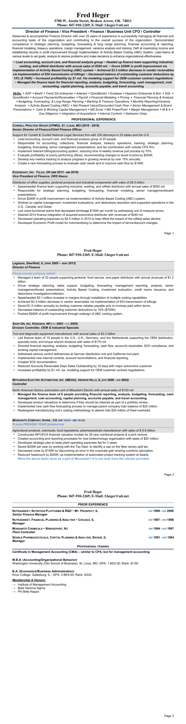 Fred Heger Resume - Career Growth