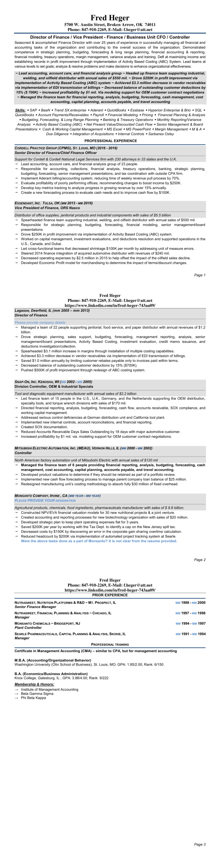 Fred Heger Resume - Career Growth