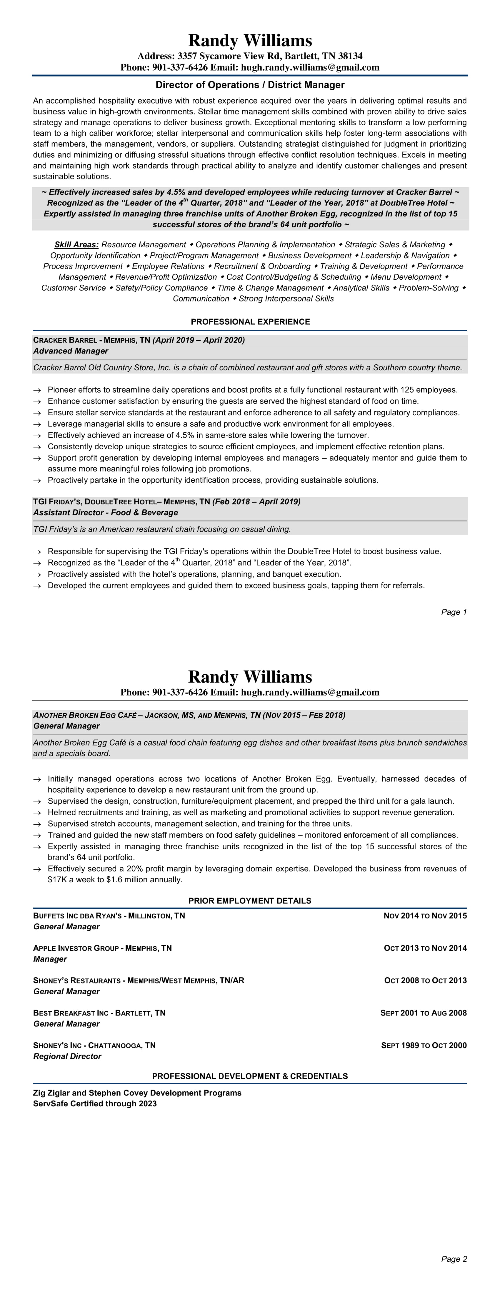 Randy Williams Resume - Career Growth