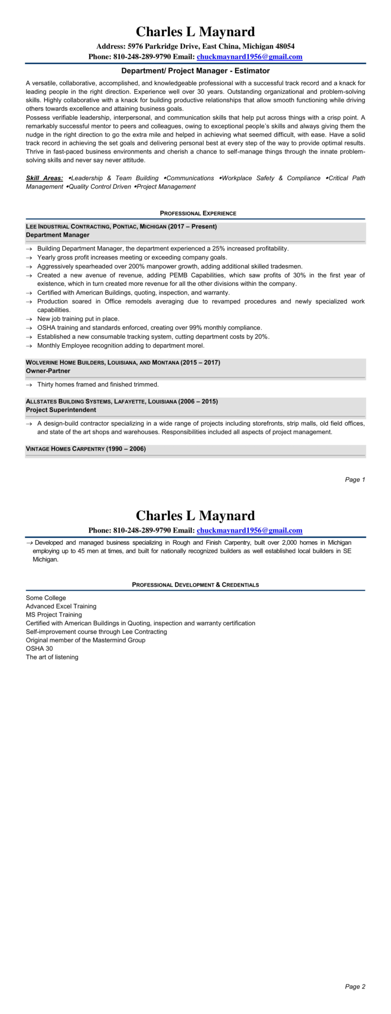 Chuck Maynard Resume - Career Growth