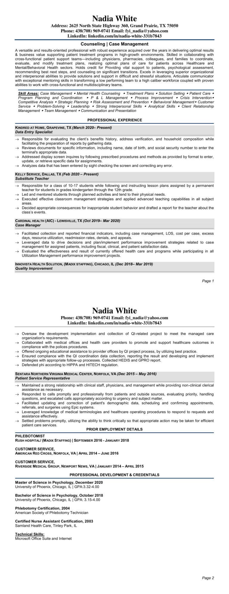 Nadia White Resume - Career Growth