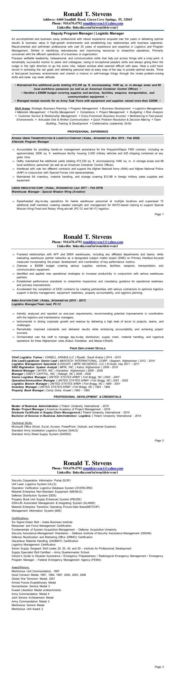 Ronald T Stevens Resume - Career Growth