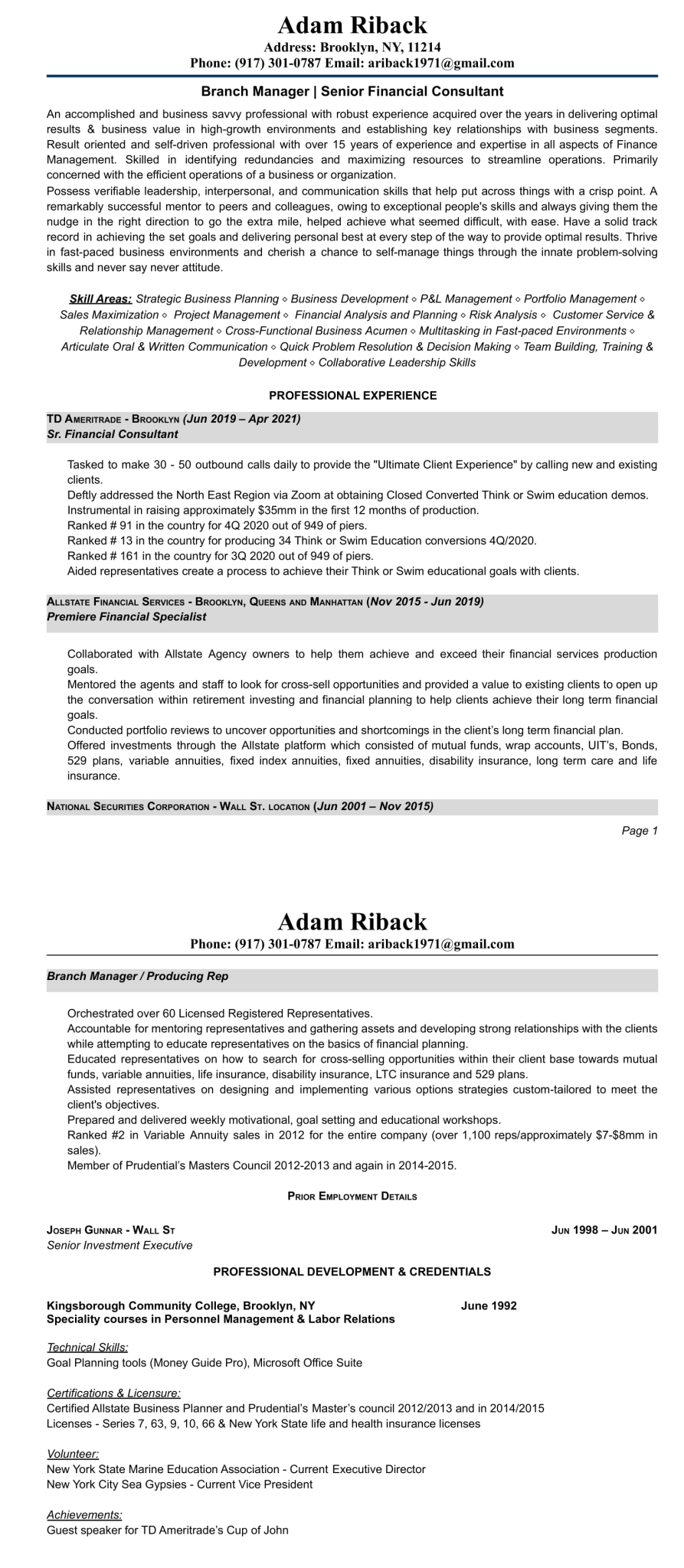 Adam Riback Resume - Career Growth