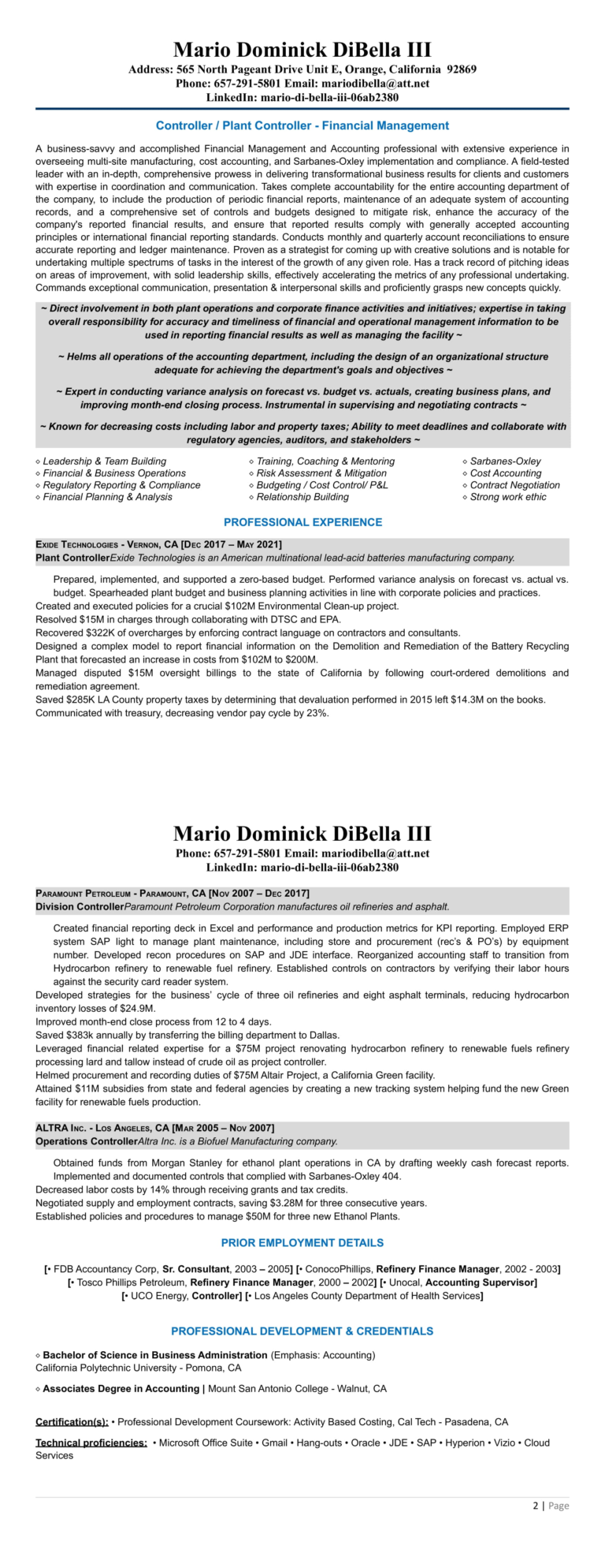 Mario Dominick DiBella III Resume - Career Growth