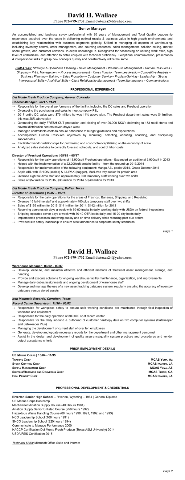 David H. Wallace Resume - Career Growth