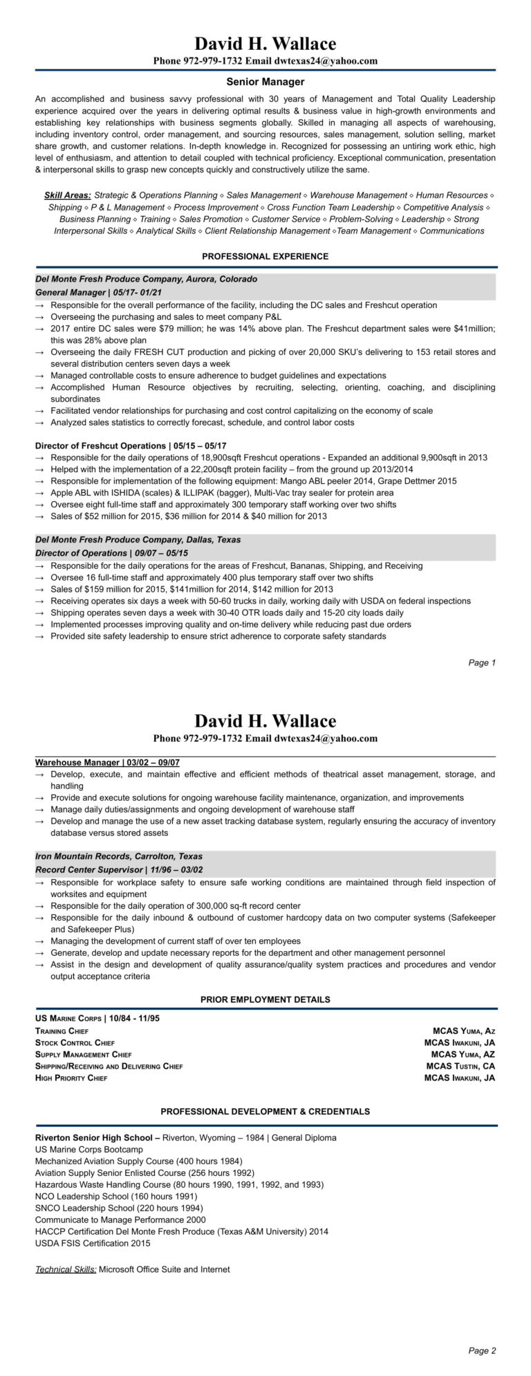 David H. Wallace Resume - Career Growth