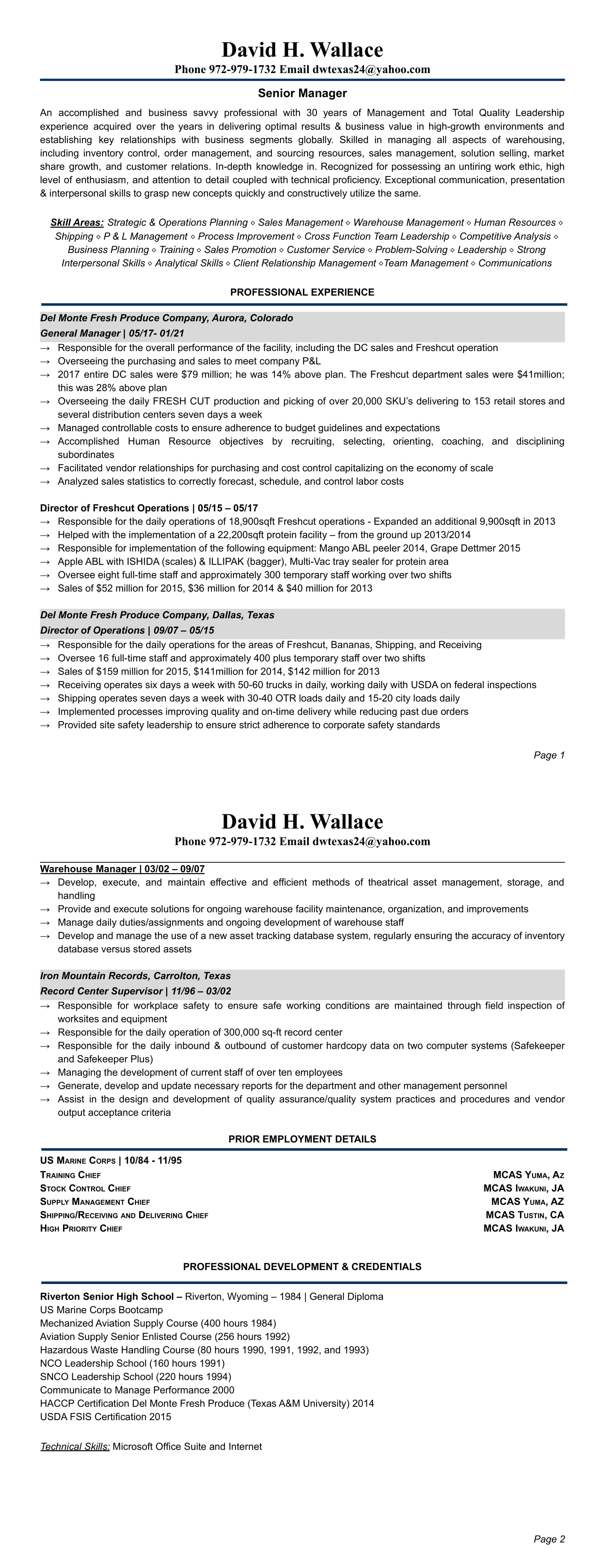 David H. Wallace Resume - Career Growth