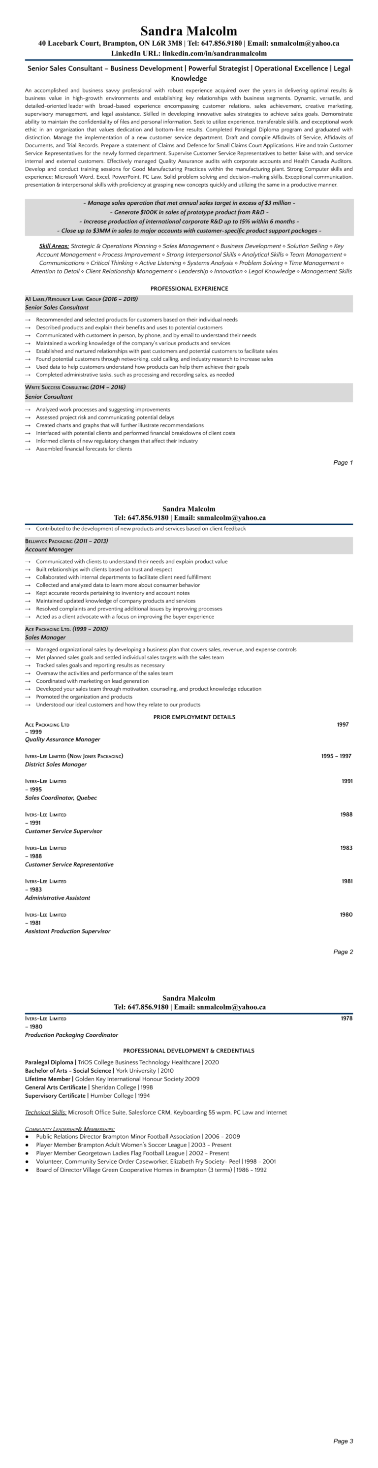 Sandra Malcolm Resume - Career Growth
