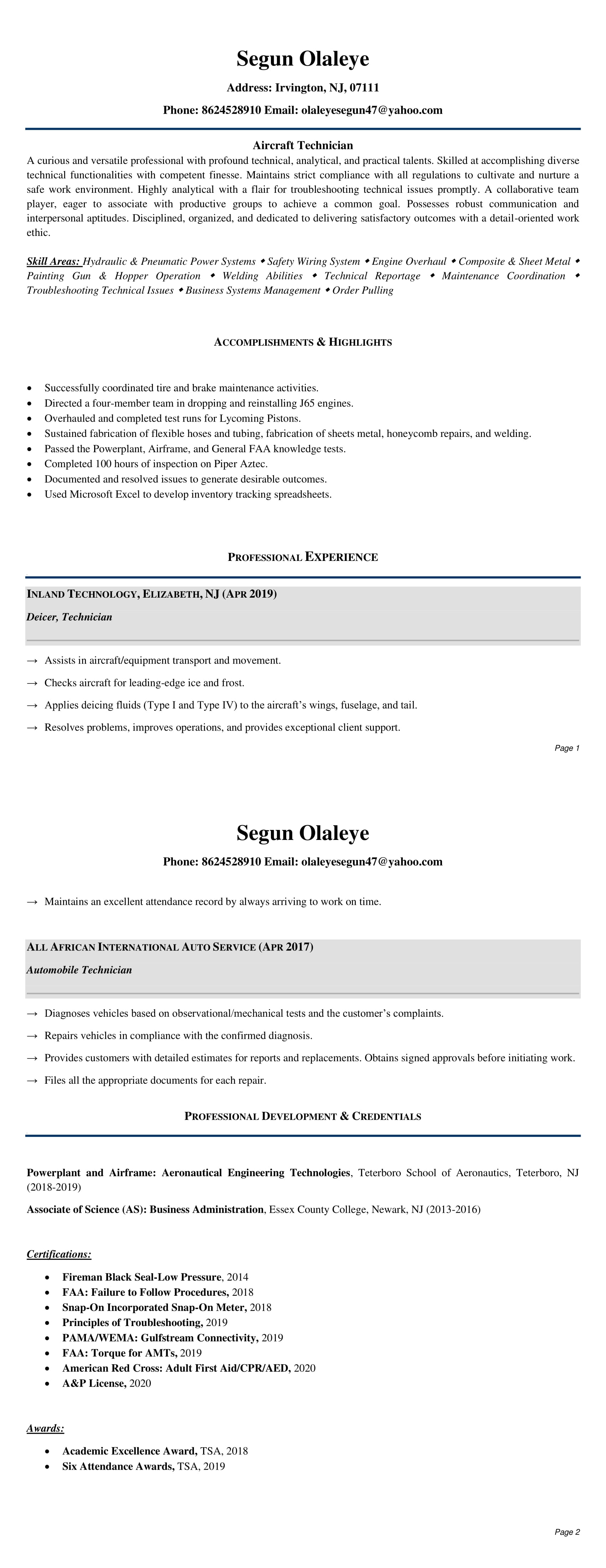 Segun Olaleye Resume - Career Growth