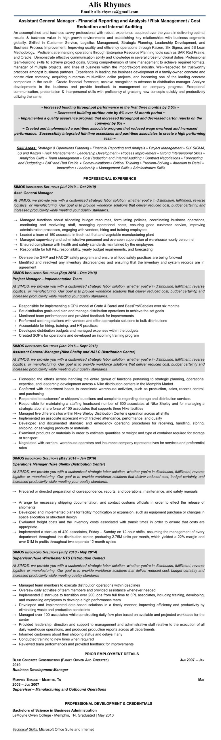 Alis Rhymes Resume - Career Growth