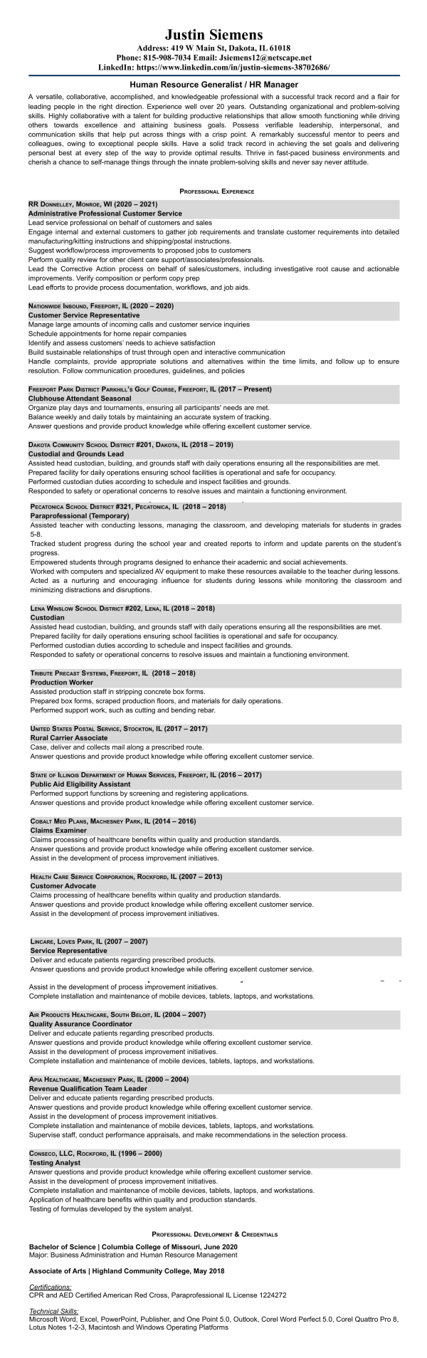 Justin Siemens Resume - Career Growth