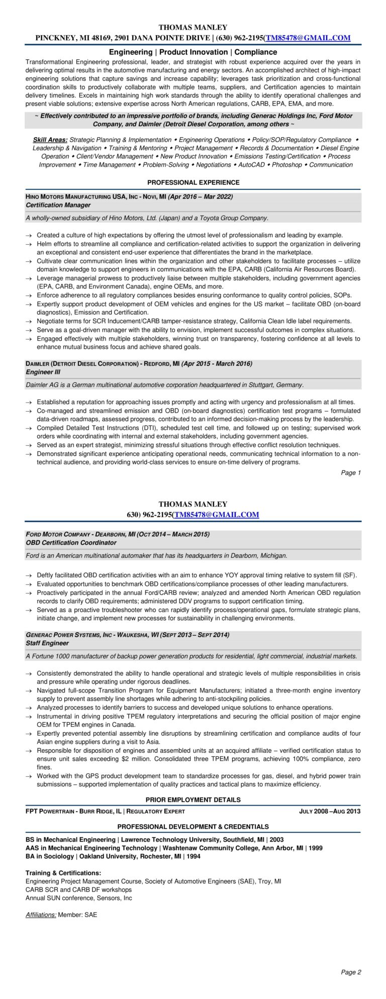 Thomas Manley Resume - Career Growth