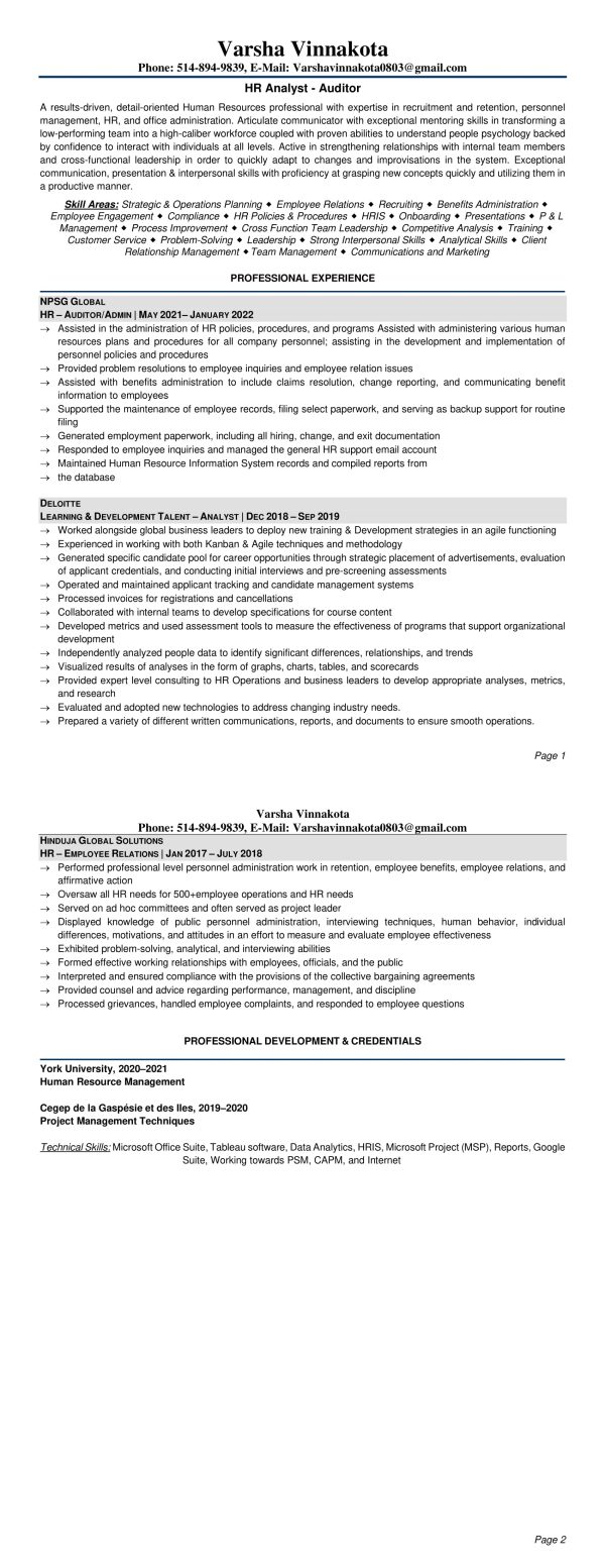Varsha Vinnakota Resume - Career Growth