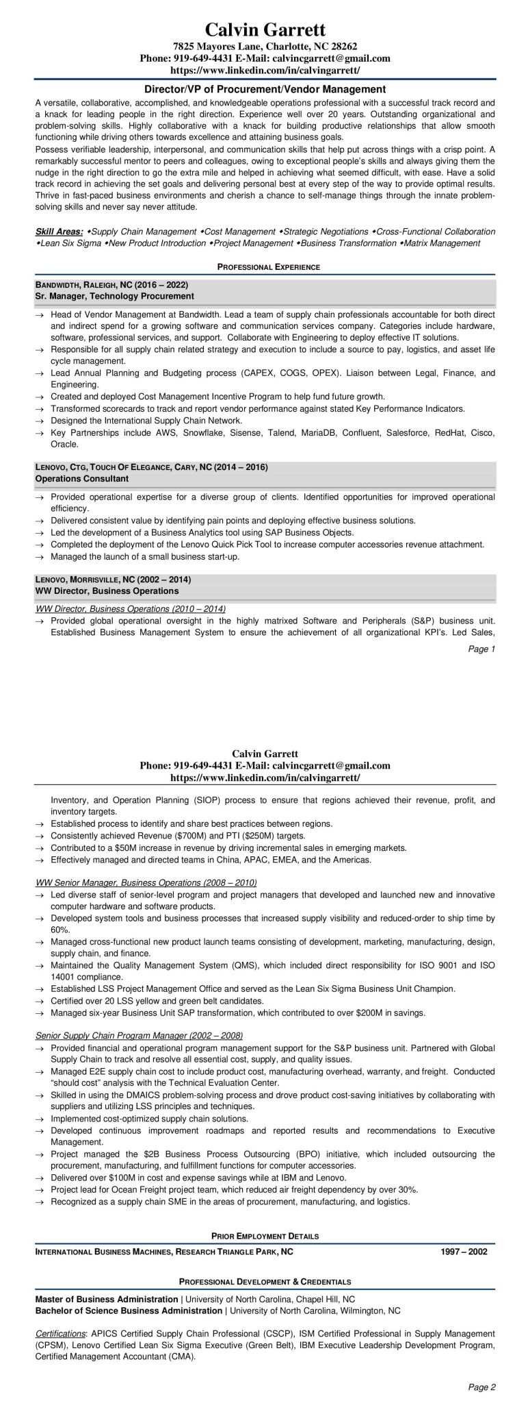 Calvin Garrett Resume - Career Growth