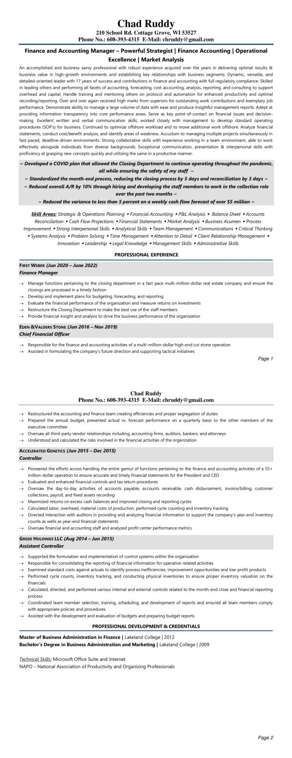 Chad Ruddy Resume - Career Growth