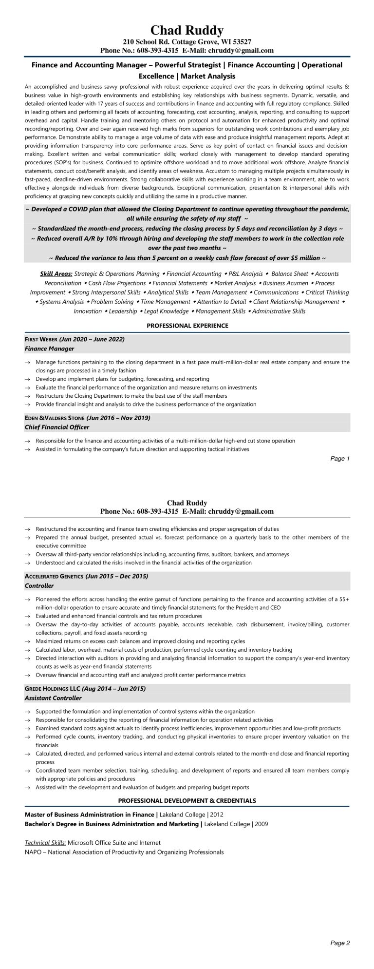Chad Ruddy Resume - Career Growth