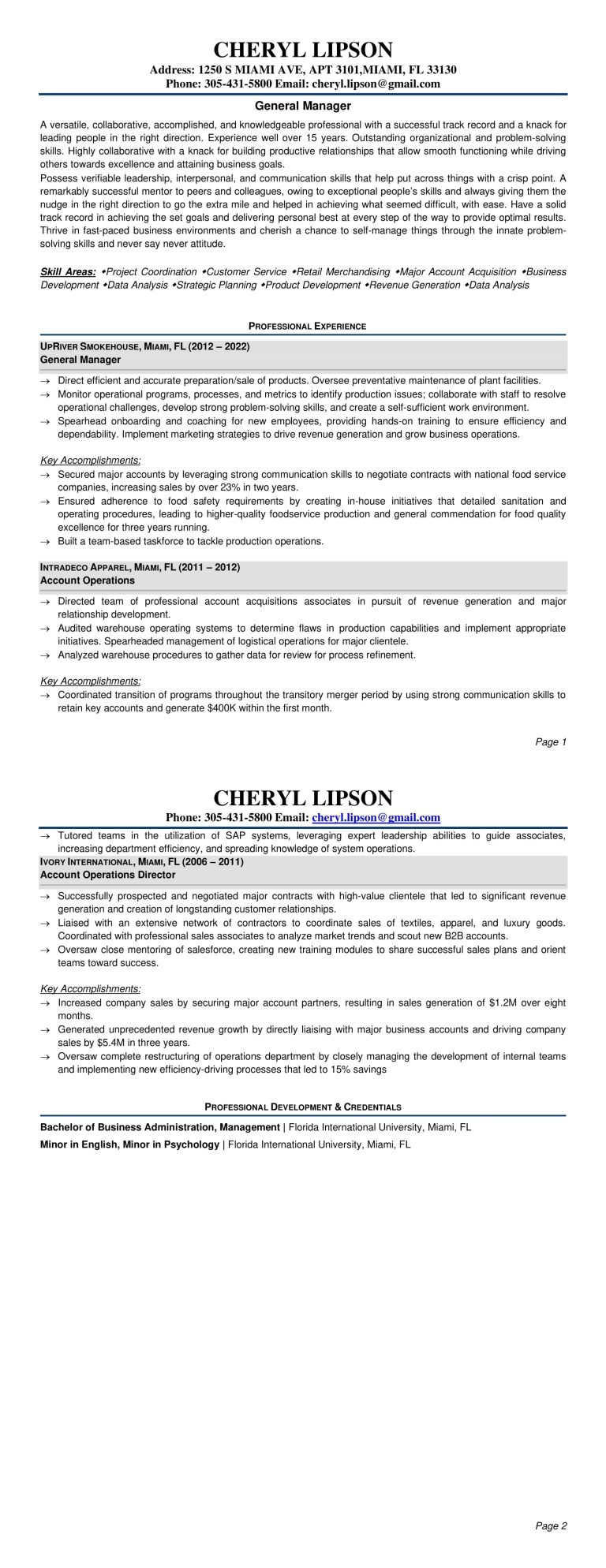 Cheryl Lipson Resume - Career Growth