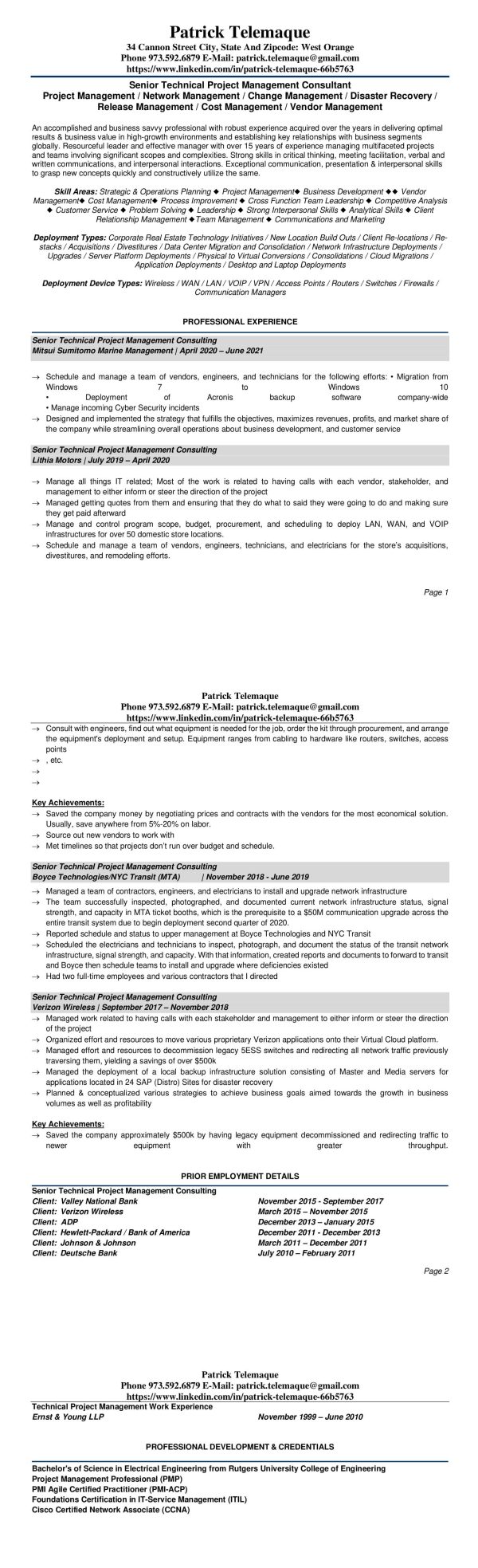 Patrick Telemaque Resume - Career Growth