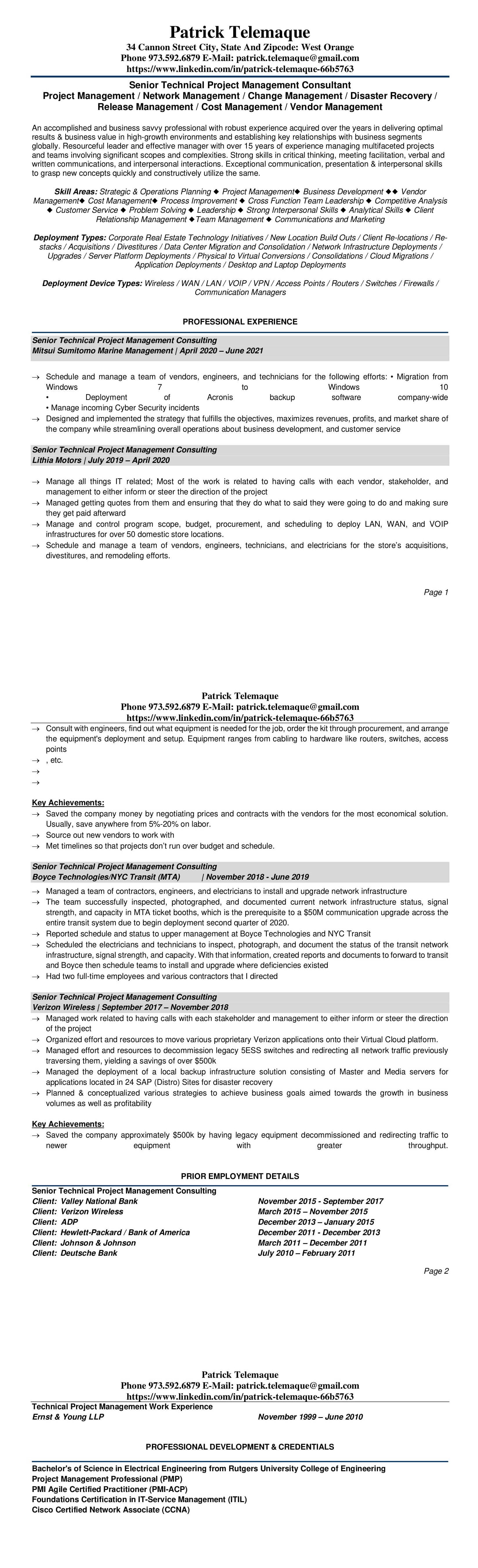 Patrick Telemaque Resume - Career Growth