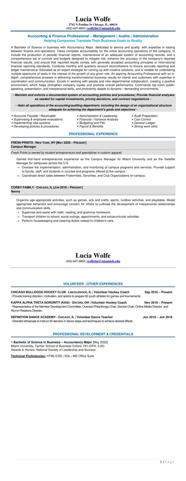 Lucia Wolfe Resume - Career Growth