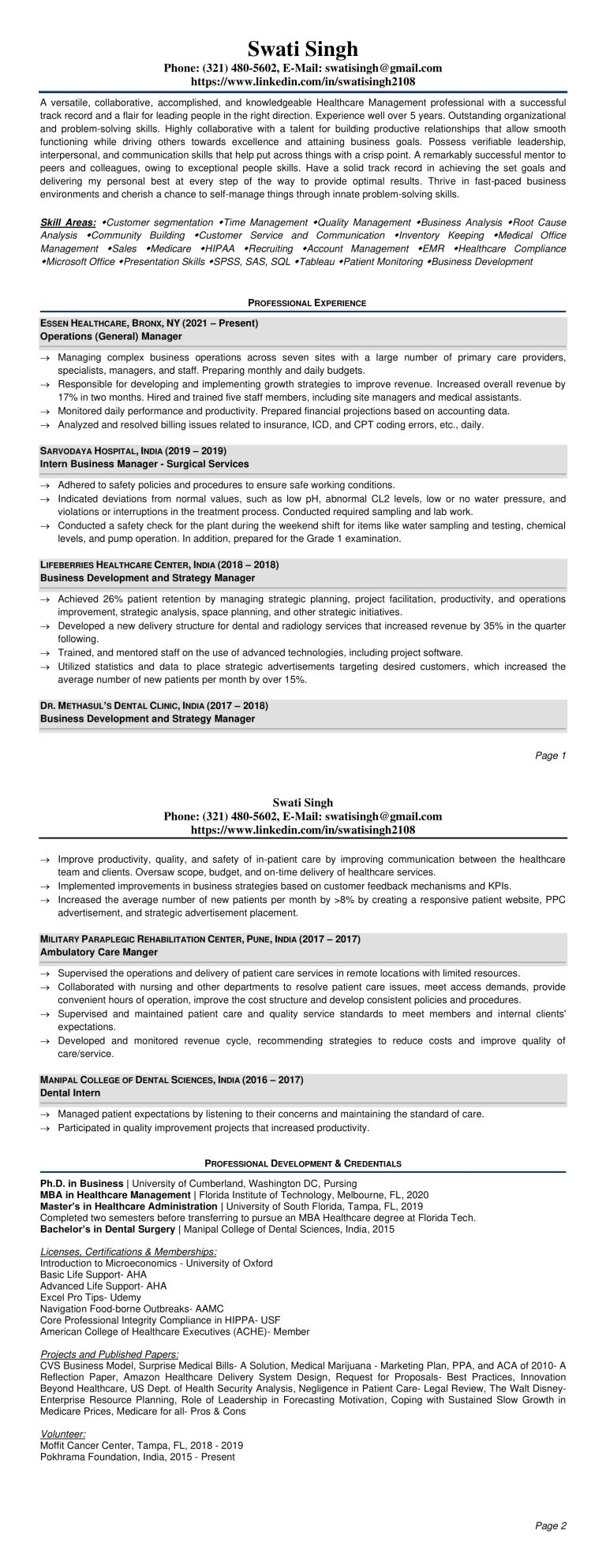 Swati Singh Resume - Career Growth