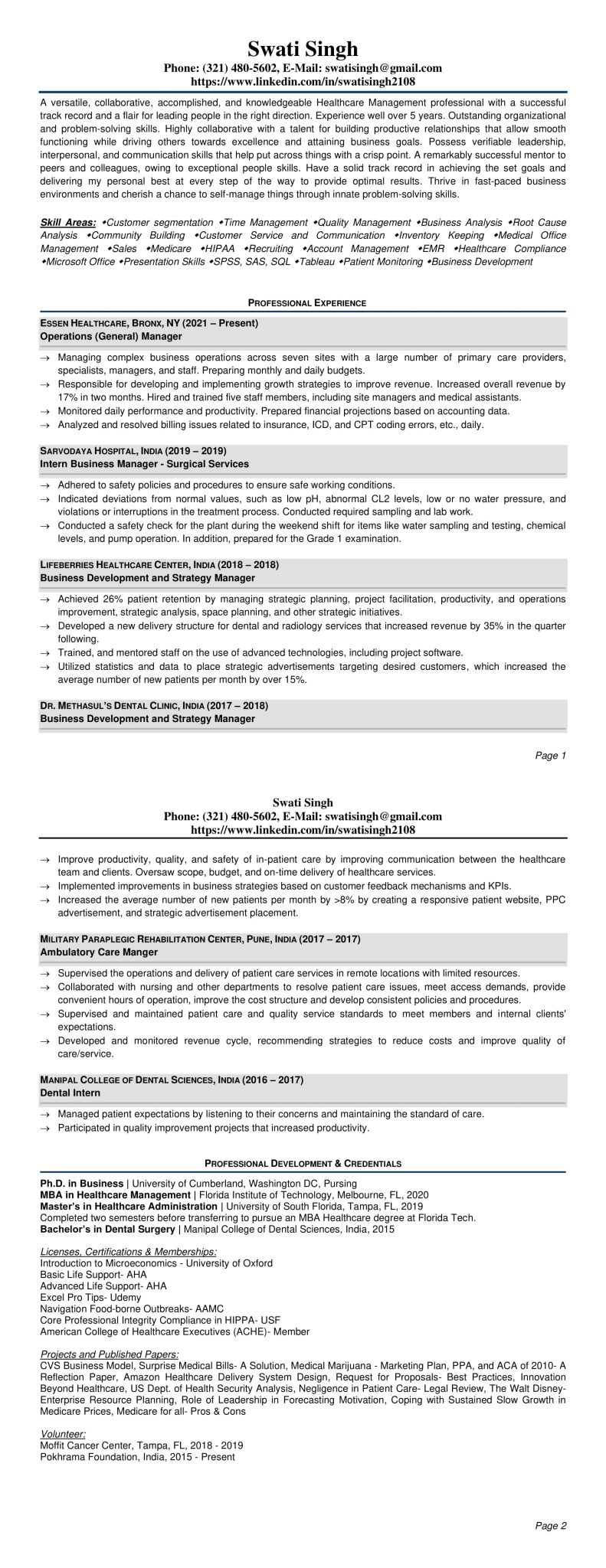 Swati Singh Resume - Career Growth