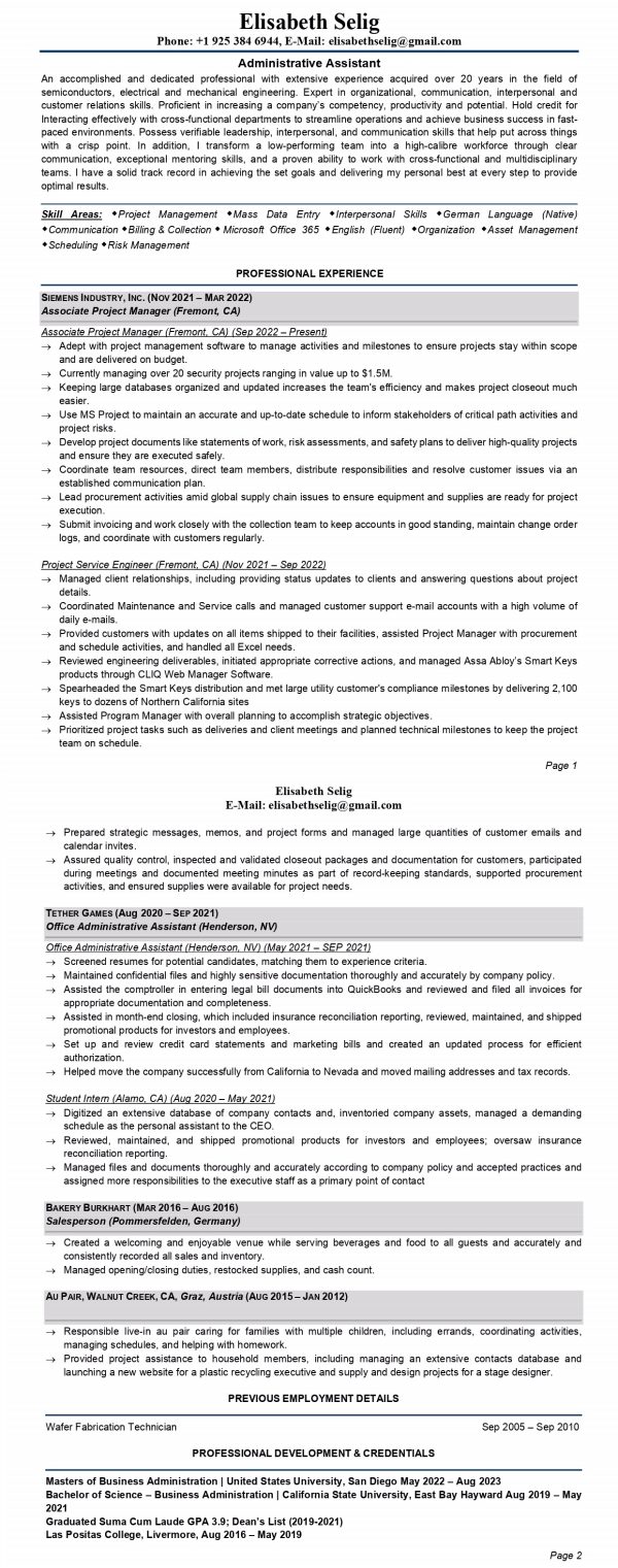 Elisabeth Selig Resume - Career Growth