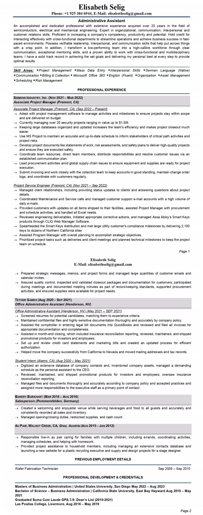 Elisabeth Selig Resume - Career Growth