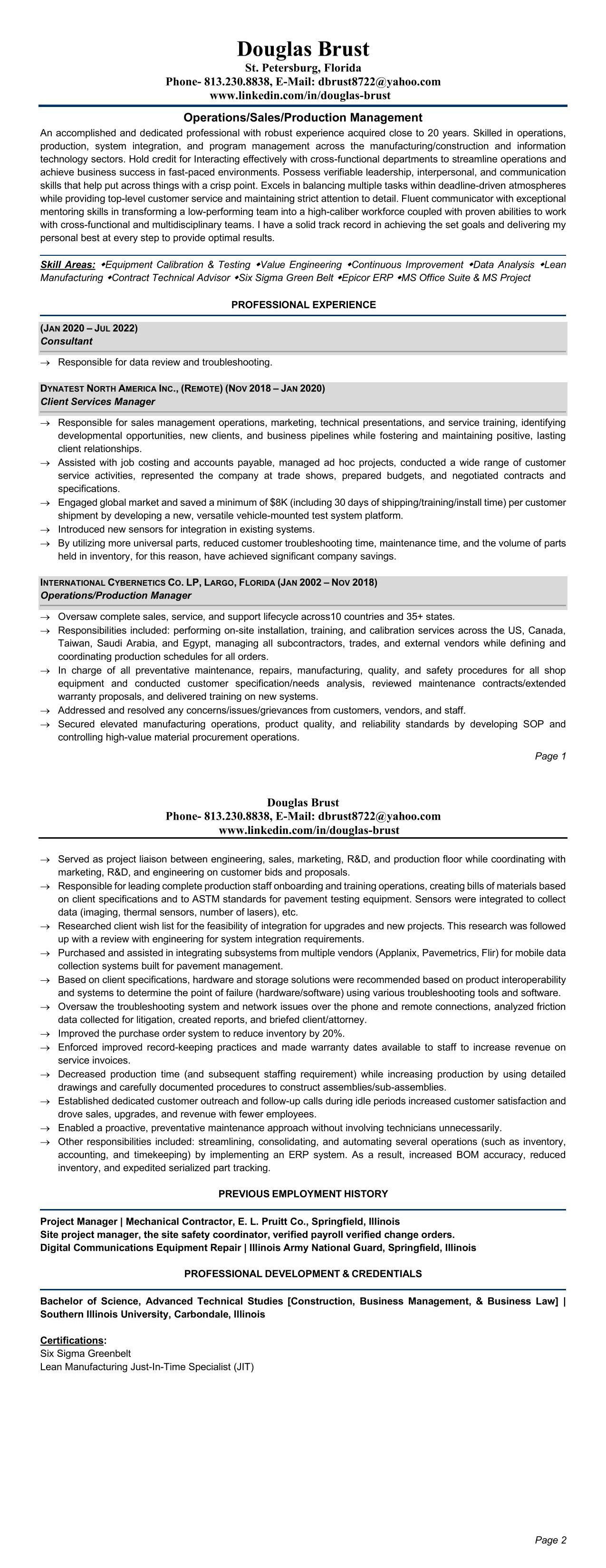 Douglas Brust Resume - Career Growth