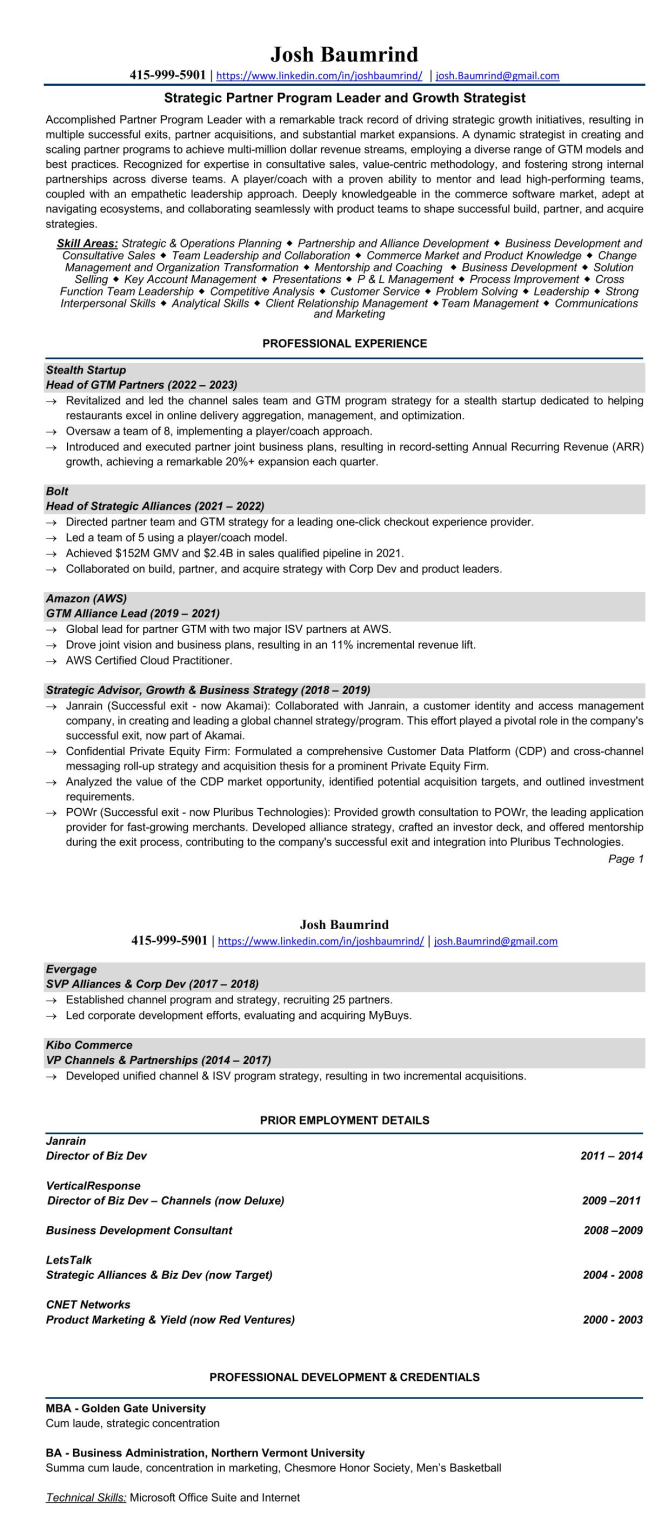 Josh Baumrind Resume - Career Growth