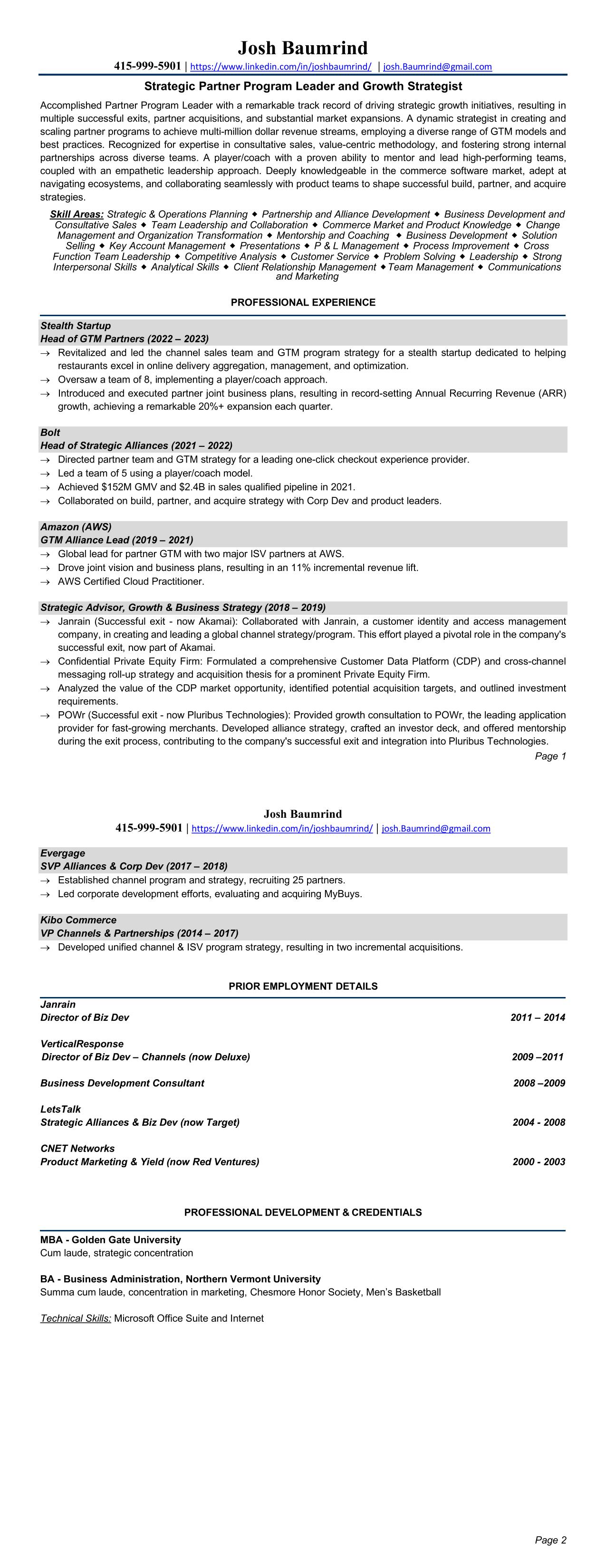 Josh Baumrind Resume - Career Growth