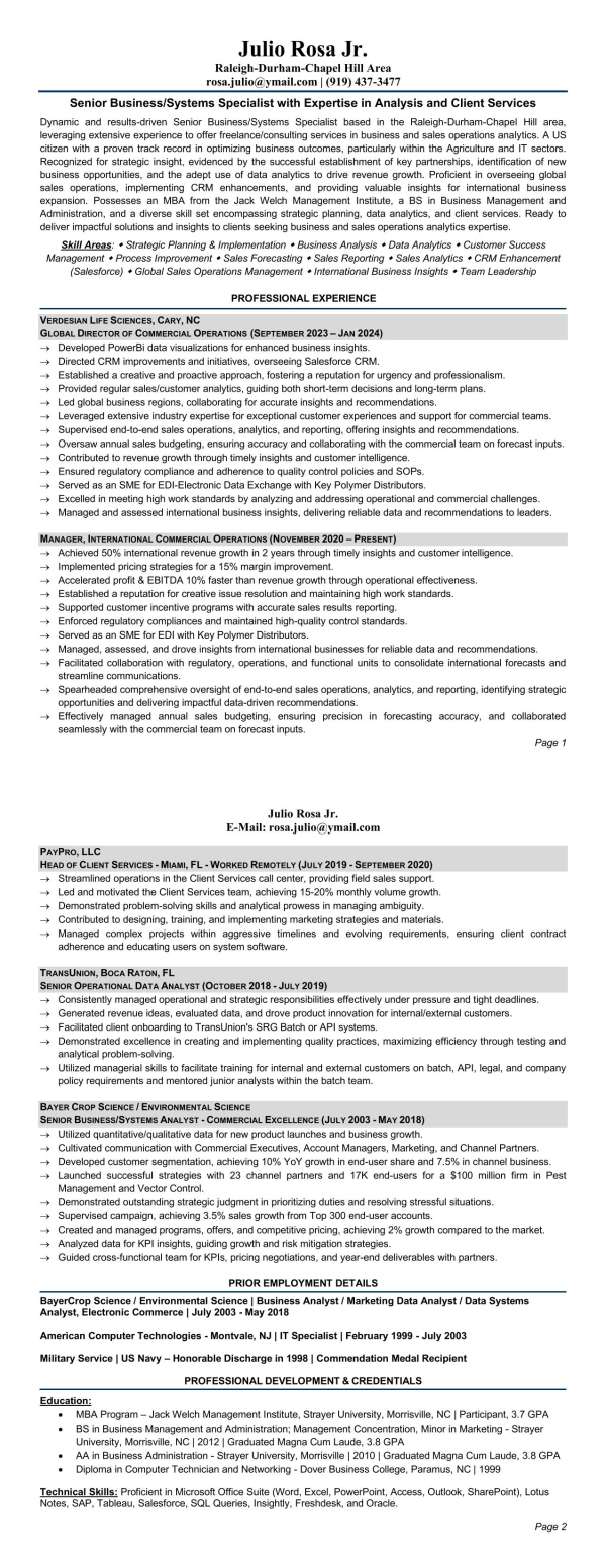 Julio Rosa Resume - Career Growth