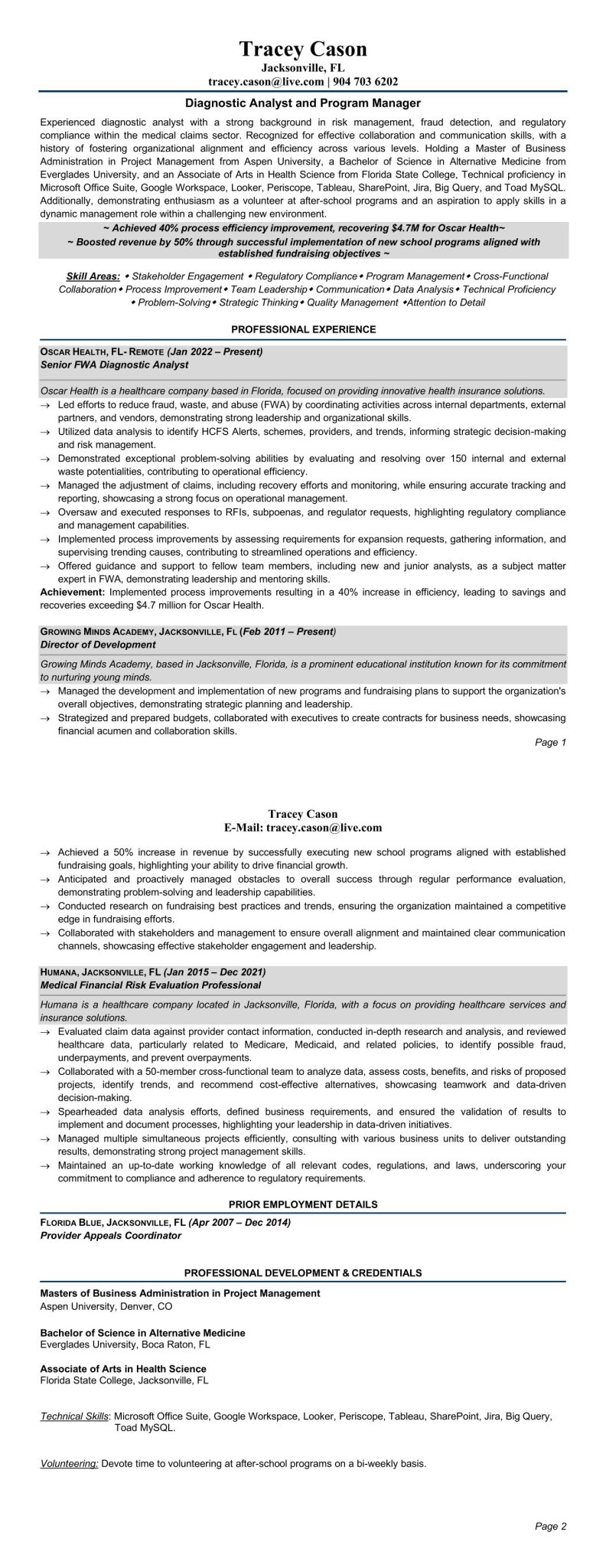 Tracey Cason Resume - Career Growth