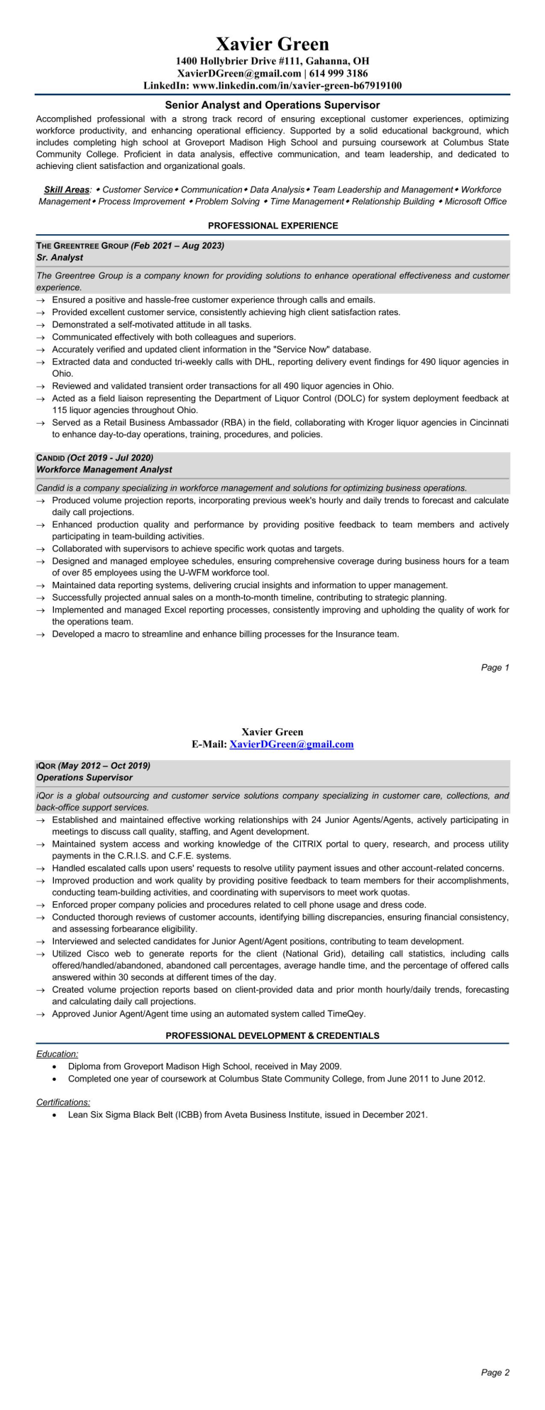 Xavier Green Resume - Career Growth