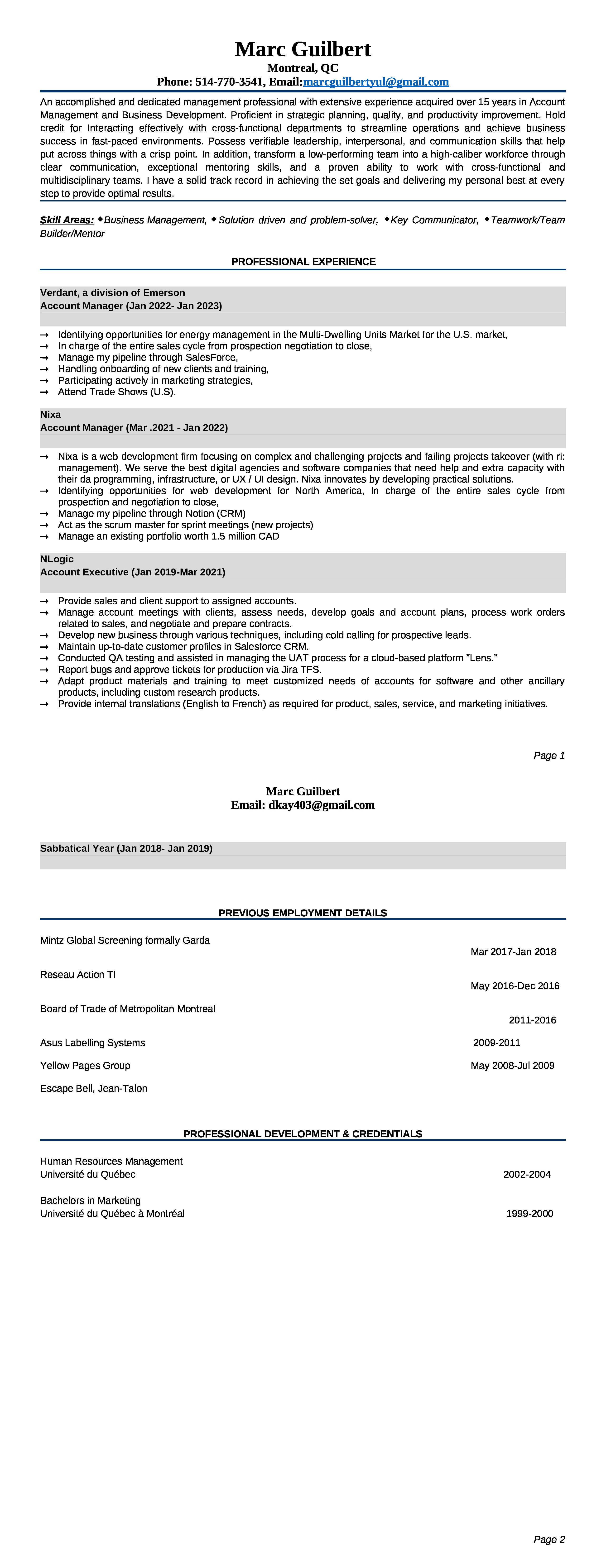 Marc Guilbert Resume - Career Growth