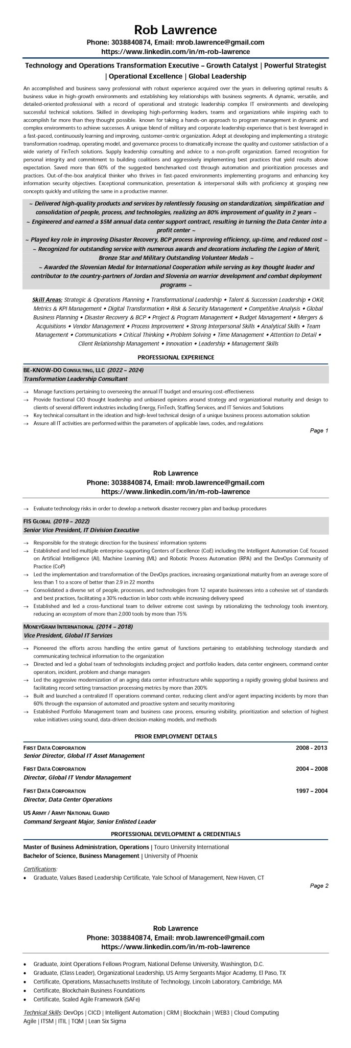 Rob Lawrence Resume - Career Growth