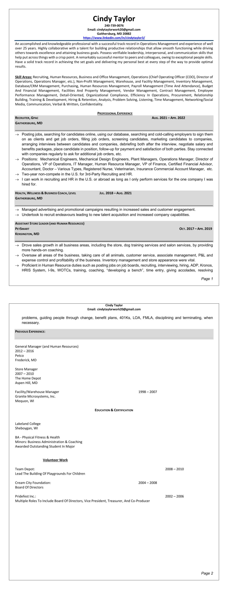 Cindy Taylor Resume - Career Growth