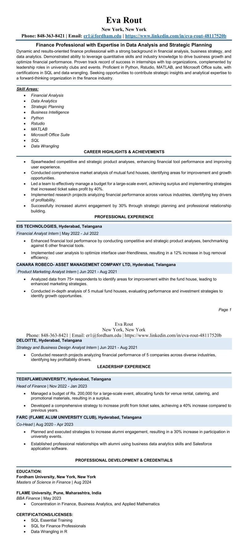 Eva Rout Resume - Career Growth